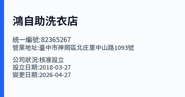鴻自助洗衣店的照片-統編 82365267(臺中市) 公司登記資料與營業項目詳細圖表