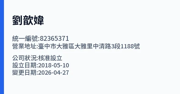 劉歆媁的照片-統編 82365371(臺中市) 公司登記資料與營業項目詳細圖表