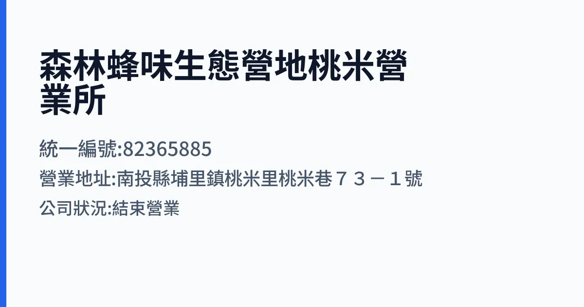森林蜂味生態營地桃米營業所 - 統編 82365885(南投縣) 公司登記資料與營業項目詳細圖表