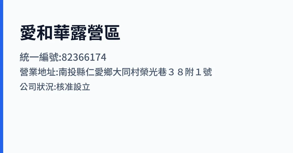 愛和華露營區 - 統編 82366174(南投縣) 公司登記資料與營業項目詳細圖表