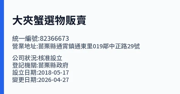 大夾蟹選物販賣的照片-統編 82366673(苗栗縣) 公司登記資料與營業項目詳細圖表