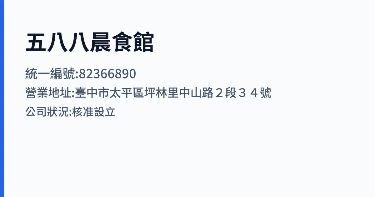 五八八晨食館 - 統編 82366890(臺中市) 公司登記資料與營業項目詳細圖表