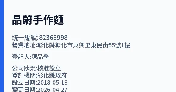 品蔚手作麵的照片-統編 82366998(彰化縣) 公司登記資料與營業項目詳細圖表