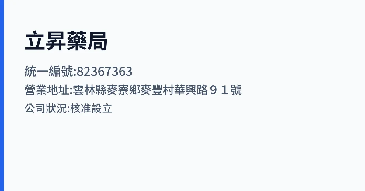 立昇藥局 - 統編 82367363(雲林縣) 公司登記資料與營業項目詳細圖表