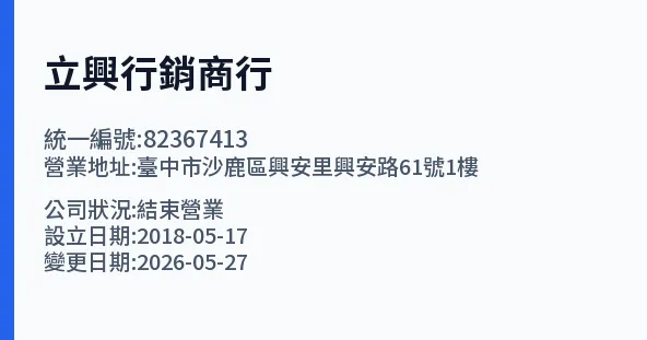 立興行銷商行的照片-統編 82367413(臺中市) 公司登記資料與營業項目詳細圖表