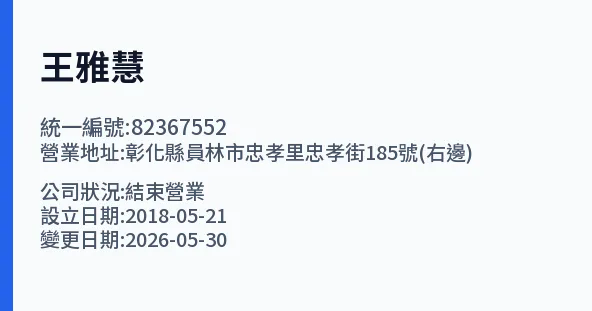 王雅慧的照片-統編 82367552(彰化縣) 公司登記資料與營業項目詳細圖表