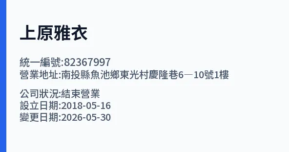 上原雅衣的照片-統編 82367997(南投縣) 公司登記資料與營業項目詳細圖表