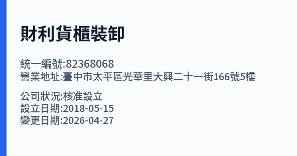 財利貨櫃裝卸的照片-統編 82368068(臺中市) 公司登記資料與營業項目詳細圖表