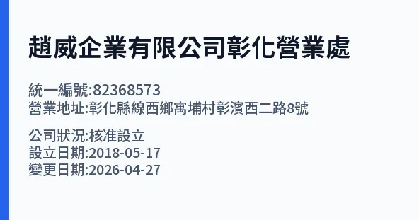 趙威企業有限公司彰化營業處的照片-統編 82368573(彰化縣) 公司登記資料與營業項目詳細圖表