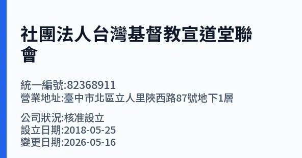 社團法人台灣基督教宣道堂聯會的照片-統編 82368911(臺中市) 公司登記資料與營業項目詳細圖表