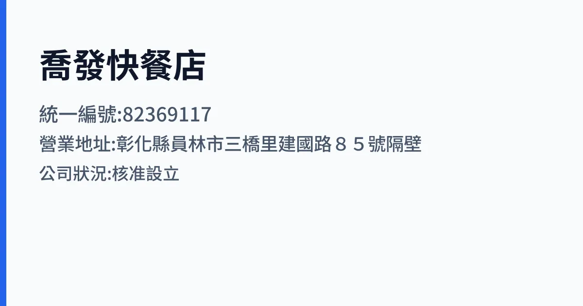 喬發快餐店 - 統編 82369117(彰化縣) 公司登記資料與營業項目詳細圖表