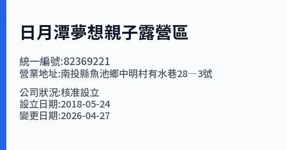 日月潭夢想親子露營區的照片-統編 82369221(南投縣) 公司登記資料與營業項目詳細圖表