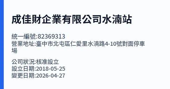 成佳財企業有限公司水湳站的照片-統編 82369313(臺中市) 公司登記資料與營業項目詳細圖表