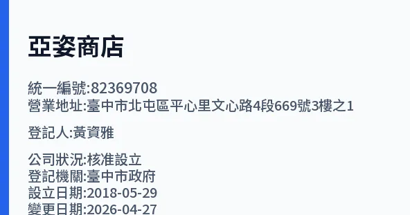 亞姿商店的照片-統編 82369708(臺中市) 公司登記資料與營業項目詳細圖表