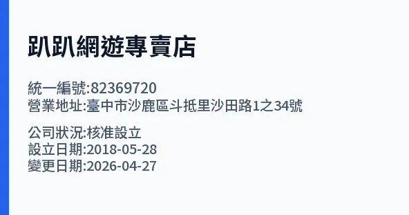趴趴網遊專賣店的照片-統編 82369720(臺中市) 公司登記資料與營業項目詳細圖表