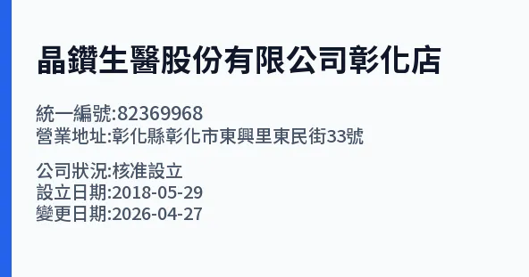 晶鑽生醫股份有限公司彰化店的照片-統編 82369968(彰化縣) 公司登記資料與營業項目詳細圖表