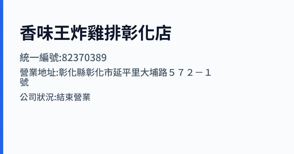 香味王炸雞排彰化店 - 統編 82370389(彰化縣) 公司登記資料與營業項目詳細圖表
