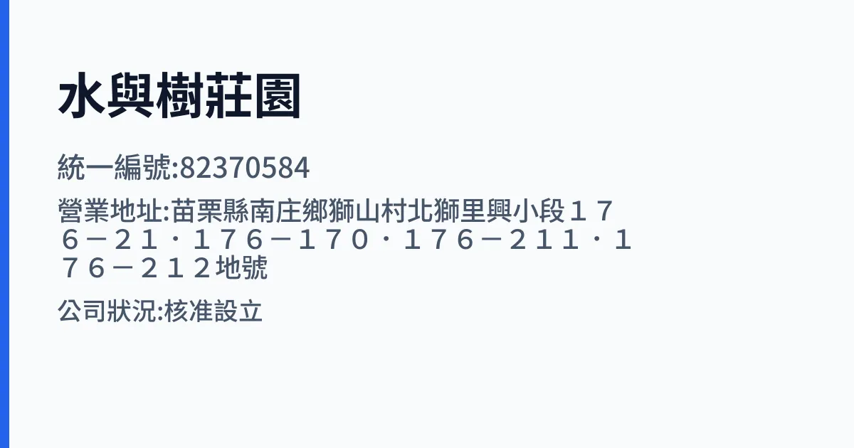 水與樹莊園 - 統編 82370584(苗栗縣) 公司登記資料與營業項目詳細圖表