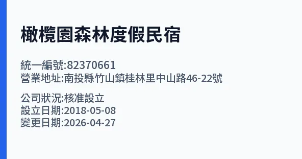 橄欖園森林度假民宿的照片-統編 82370661(南投縣) 公司登記資料與營業項目詳細圖表