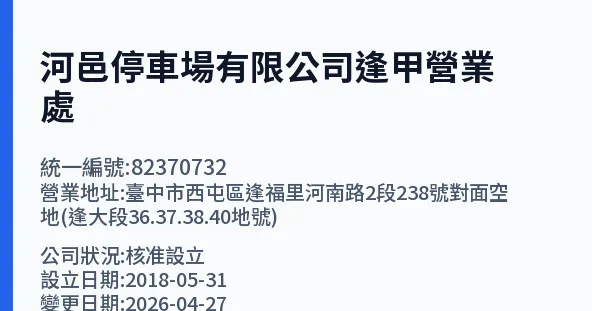 河邑停車場有限公司逢甲營業處的照片-統編 82370732(臺中市) 公司登記資料與營業項目詳細圖表