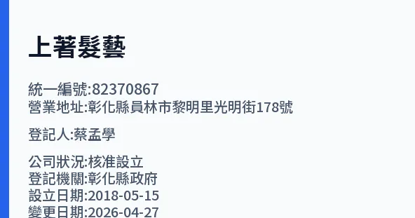 上著髮藝的照片-統編 82370867(彰化縣) 公司登記資料與營業項目詳細圖表