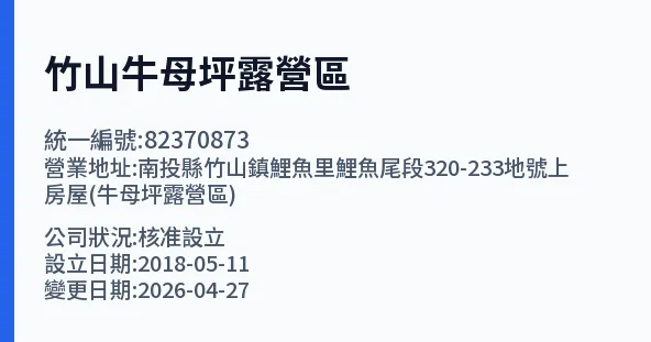 竹山牛母坪露營區的照片-統編 82370873(南投縣) 公司登記資料與營業項目詳細圖表
