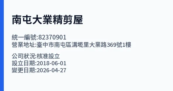 南屯大業精剪屋的照片-統編 82370901(臺中市) 公司登記資料與營業項目詳細圖表