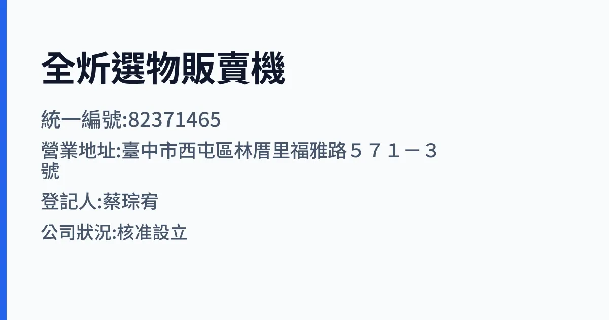 全炘選物販賣機 - 統編 82371465(臺中市) 公司登記資料與營業項目詳細圖表