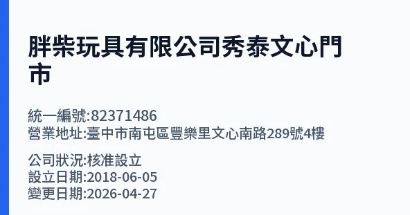 胖柴玩具有限公司秀泰文心門市的照片-統編 82371486(臺中市) 公司登記資料與營業項目詳細圖表