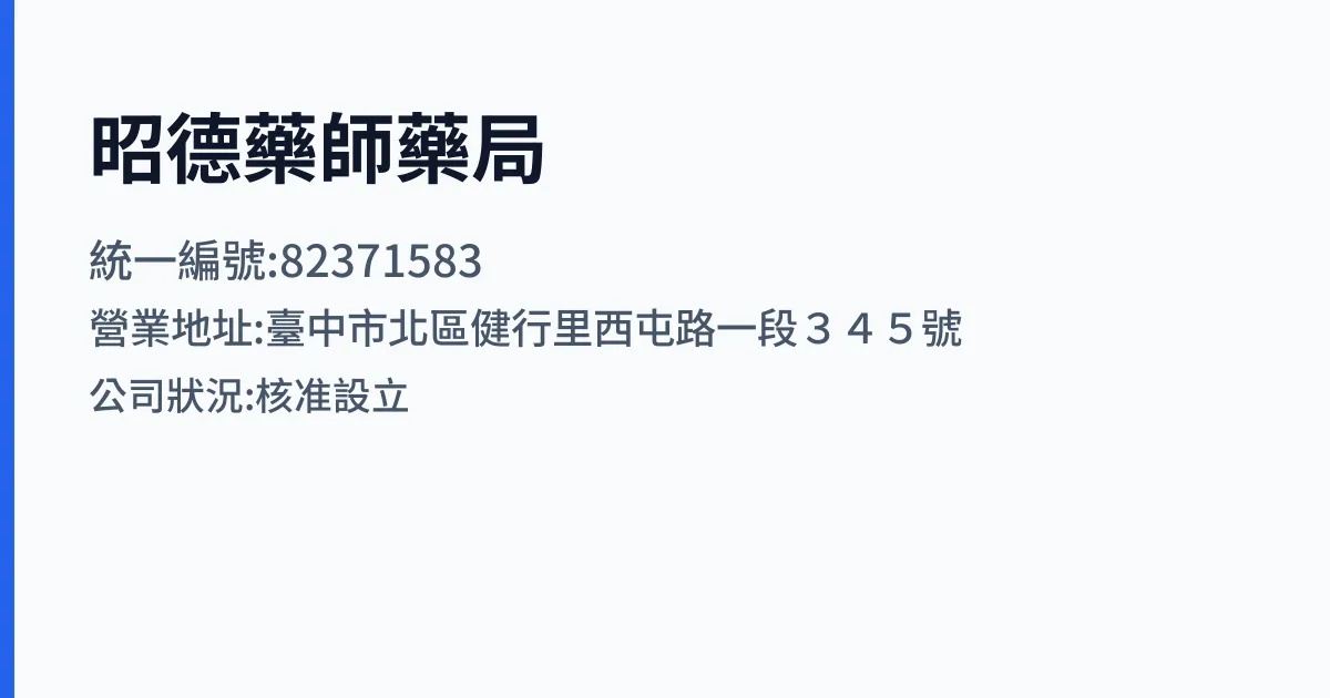 昭德藥師藥局 - 統編 82371583(臺中市) 公司登記資料與營業項目詳細圖表