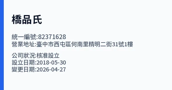 橋品氏的照片-統編 82371628(臺中市) 公司登記資料與營業項目詳細圖表