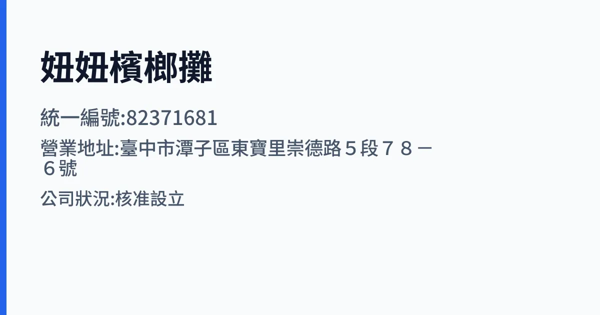 妞妞檳榔攤 - 統編 82371681(臺中市) 公司登記資料與營業項目詳細圖表