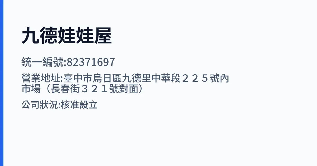 九德娃娃屋 - 統編 82371697(臺中市) 公司登記資料與營業項目詳細圖表