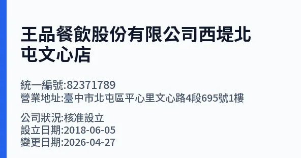王品餐飲股份有限公司西堤北屯文心店的照片-統編 82371789(臺中市) 公司登記資料與營業項目詳細圖表