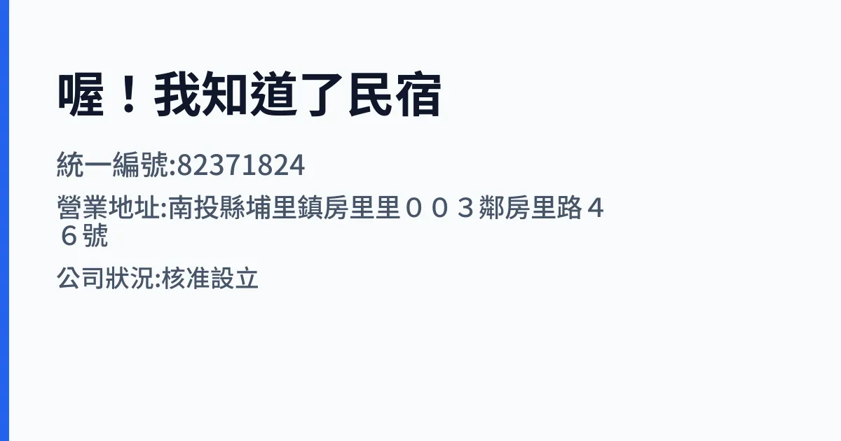 喔!我知道了民宿 - 統編 82371824(南投縣) 公司登記資料與營業項目詳細圖表