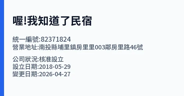 喔!我知道了民宿的照片-統編 82371824(南投縣) 公司登記資料與營業項目詳細圖表