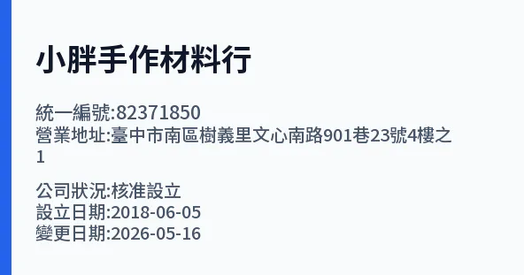 小胖手作材料行的照片-統編 82371850(臺中市) 公司登記資料與營業項目詳細圖表