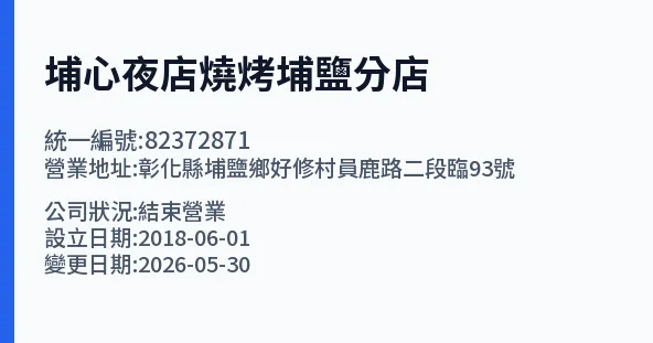 埔心夜店燒烤埔鹽分店的照片-統編 82372871(彰化縣) 公司登記資料與營業項目詳細圖表