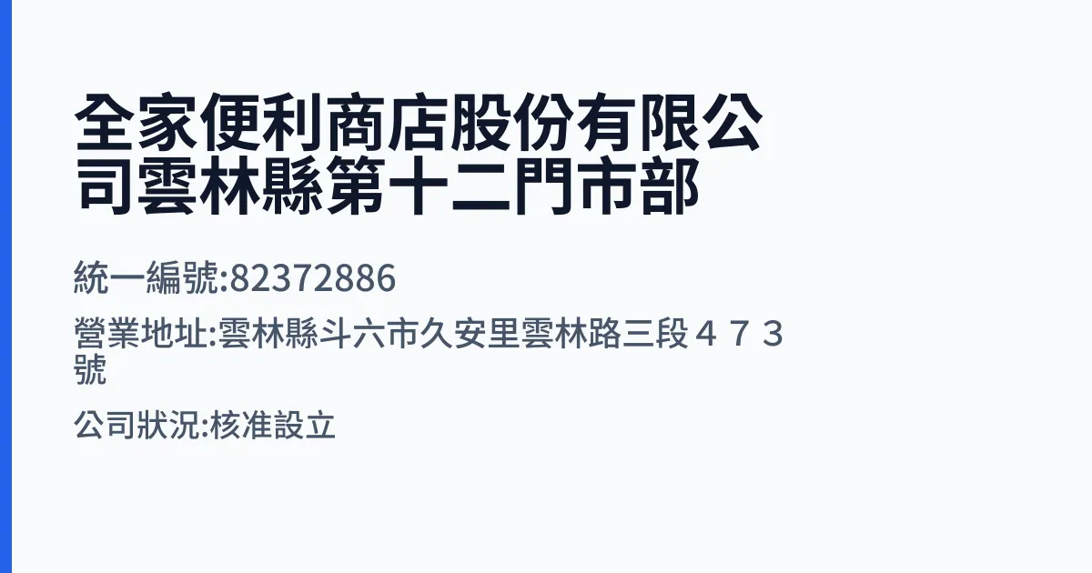 全家便利商店股份有限公司雲林縣第十二門市部 - 統編 82372886(雲林縣) 公司登記資料與營業項目詳細圖表
