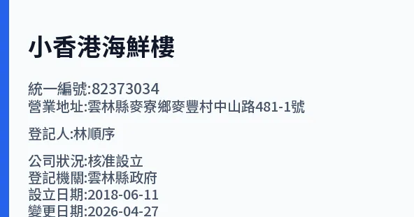 小香港海鮮樓的照片-統編 82373034(雲林縣) 公司登記資料與營業項目詳細圖表