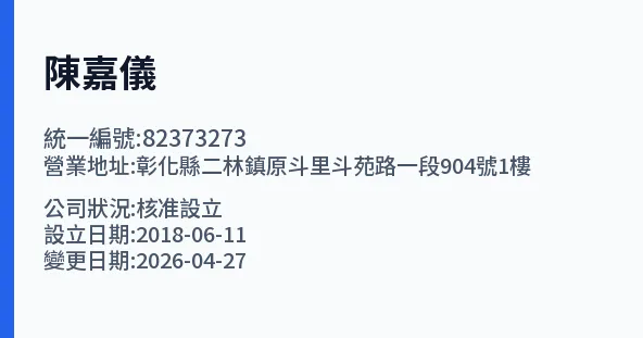 陳嘉儀的照片-統編 82373273(彰化縣) 公司登記資料與營業項目詳細圖表