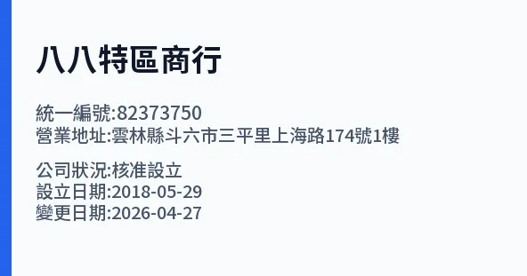 八八特區商行的照片-統編 82373750(雲林縣) 公司登記資料與營業項目詳細圖表
