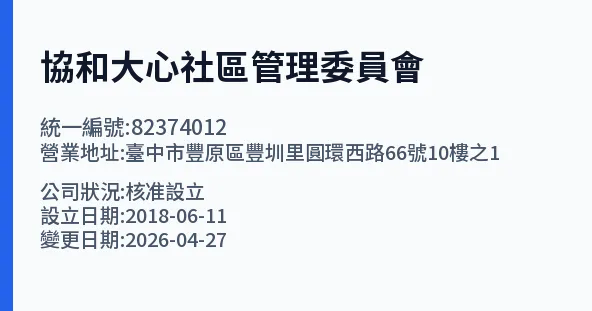 協和大心社區管理委員會的照片-統編 82374012(臺中市) 公司登記資料與營業項目詳細圖表