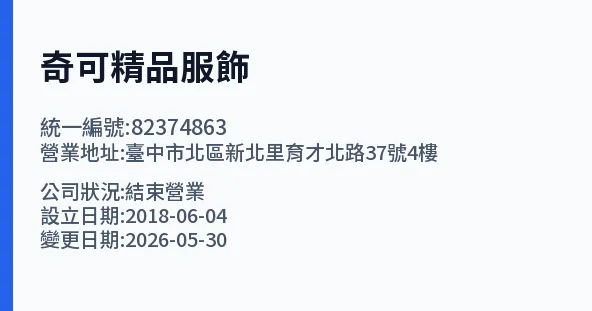 奇可精品服飾的照片-統編 82374863(臺中市) 公司登記資料與營業項目詳細圖表