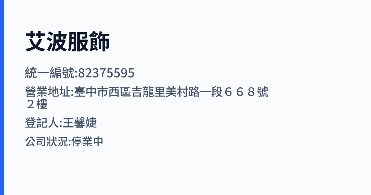 艾波服飾 - 統編 82375595(臺中市) 公司登記資料與營業項目詳細圖表