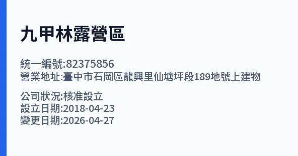 九甲林露營區的照片-統編 82375856(臺中市) 公司登記資料與營業項目詳細圖表
