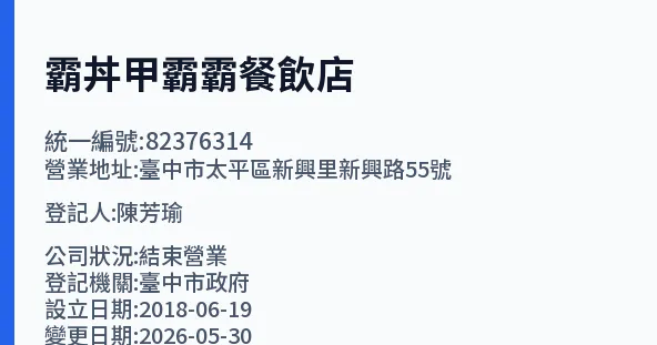 霸丼甲霸霸餐飲店的照片-統編 82376314(臺中市) 公司登記資料與營業項目詳細圖表