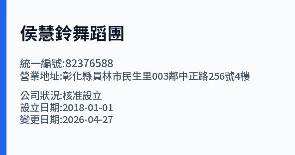 侯慧鈴舞蹈團的照片-統編 82376588(彰化縣) 公司登記資料與營業項目詳細圖表
