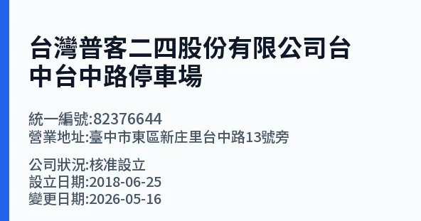 台灣普客二四股份有限公司台中台中路停車場的照片-統編 82376644(臺中市) 公司登記資料與營業項目詳細圖表