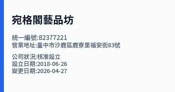 宛格閣藝品坊的照片-統編 82377221(臺中市) 公司登記資料與營業項目詳細圖表